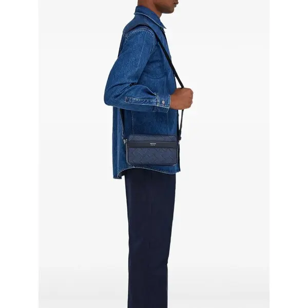 FERRAGAMO Navy Monogram Print Calfskin Messenger Bag - Blue