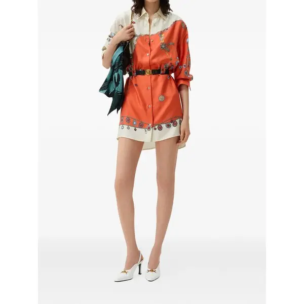 Versace Stolen Jewels' Print Silk Mini Shirt Dress - Orange