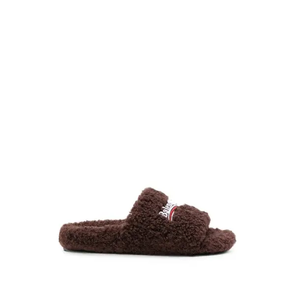 Balenciaga Embroidered Logo Shearling Slides - Brown
