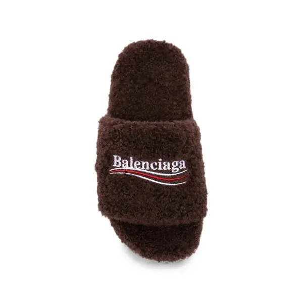 Balenciaga Embroidered Logo Shearling Slides - Brown