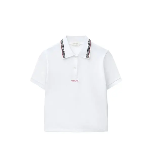 Versace Slim Fit Short Sleeve Polo Shirt With Greca Detail - White