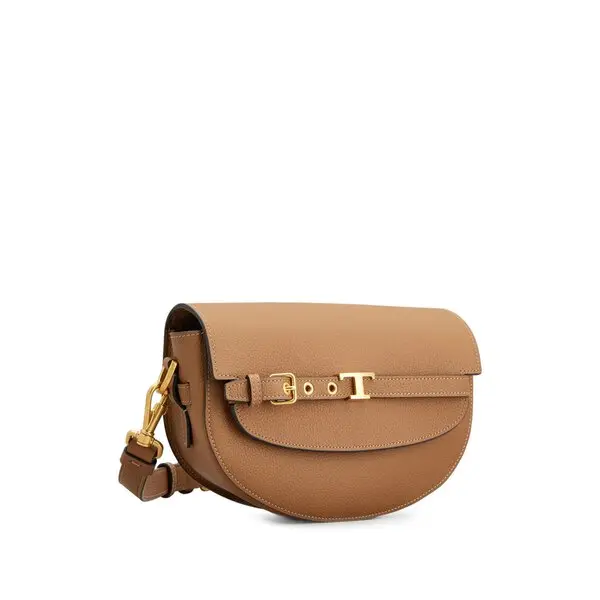 TOD'S Brown Leather T Timeless Shoulder Bag - Cream