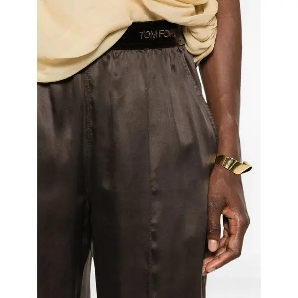 TOM FORD Silk Satin Logo Waistband Trousers - Brown