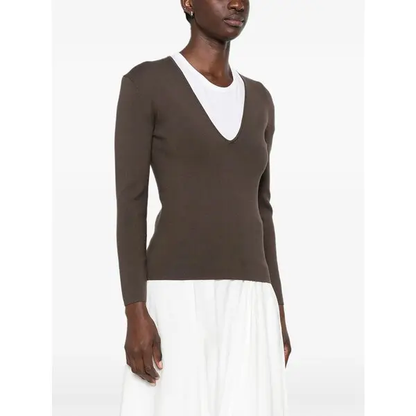 TOTEME Ribbed Knit V-neck Long Sleeve Jumper - Brown
