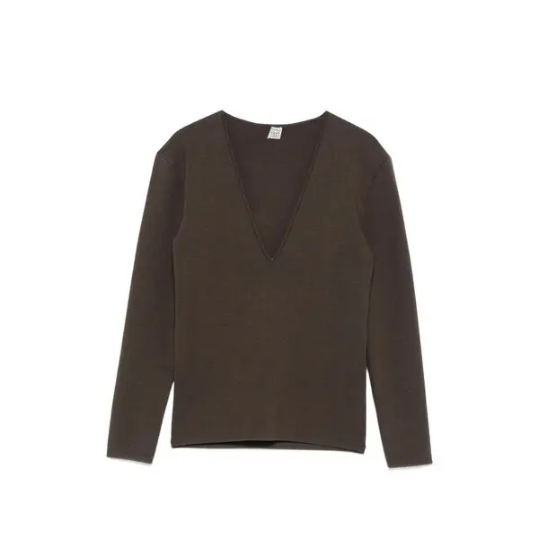 TOTEME Ribbed Knit V-neck Long Sleeve Jumper - Brown