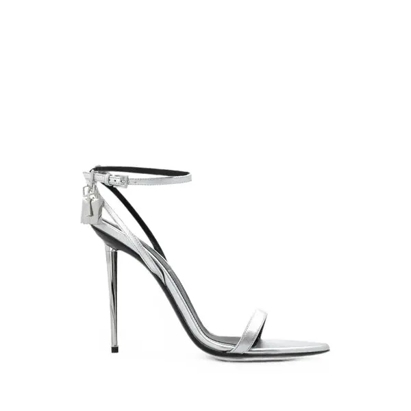 TOM FORD Metallic Leather Ankle Strap Stiletto Sandals With Padlock Charm