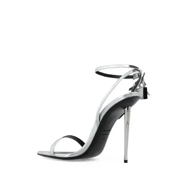 TOM FORD Metallic Leather Ankle Strap Stiletto Sandals With Padlock Charm