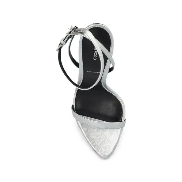 TOM FORD Metallic Leather Ankle Strap Stiletto Sandals With Padlock Charm
