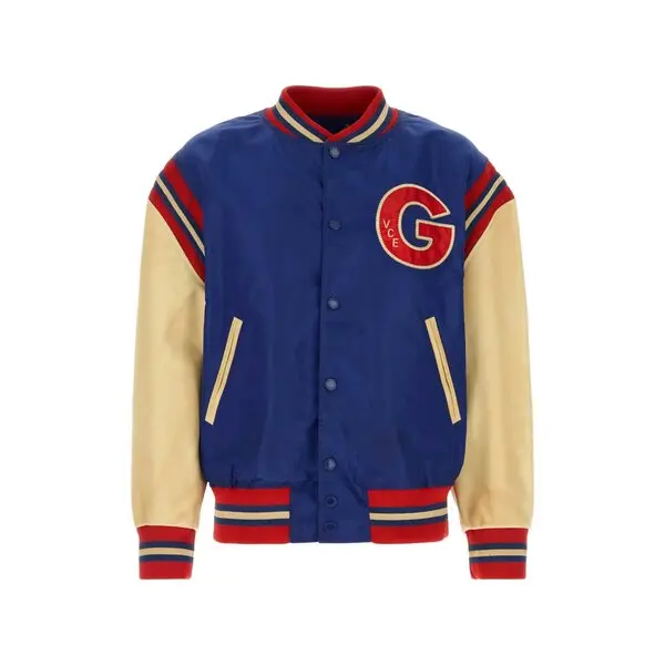 GOLDEN GOOSE Bomber Jacket With Striped Trim And Logo Patch - Blue