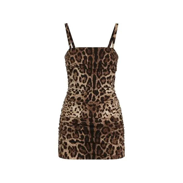 Dolce & Gabbana Leopard Print Ruched Mini Dress - Cream