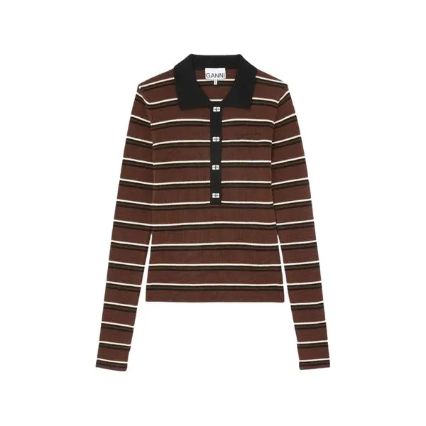 GANNI Ribbed Polo Top With Horizontal Stripes And Embellished Buttons - Brown