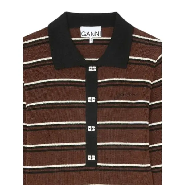 GANNI Ribbed Polo Top With Horizontal Stripes And Embellished Buttons - Brown