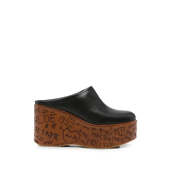 Chloé Leather Platform Wedge Mules - Black