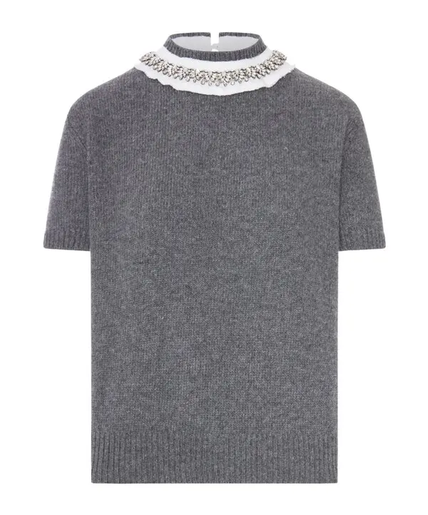 Prada Embellished Collar Short-sleeved Knitted Jumper - Slate Grey