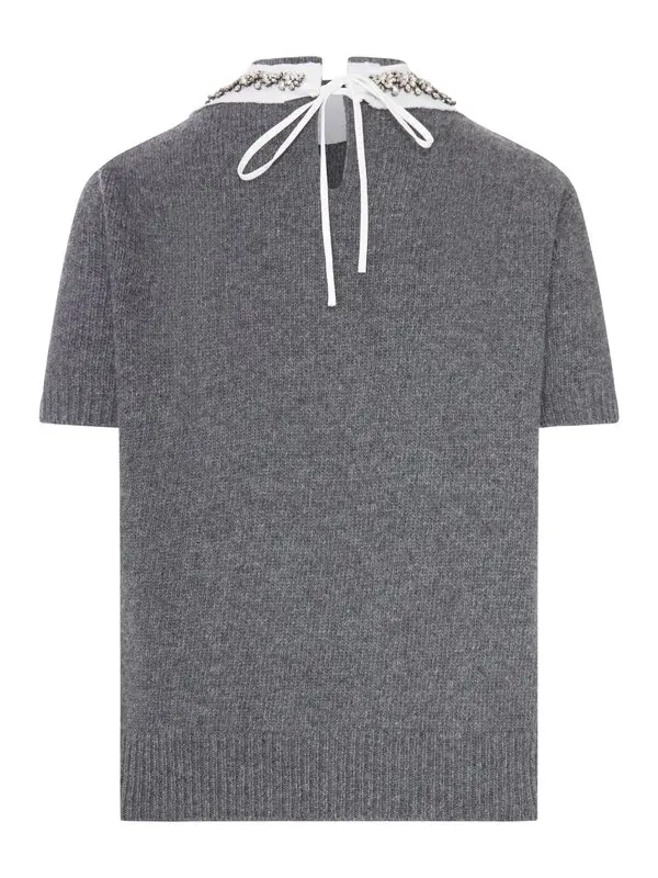 Prada Embellished Collar Short-sleeved Knitted Jumper - Slate Grey