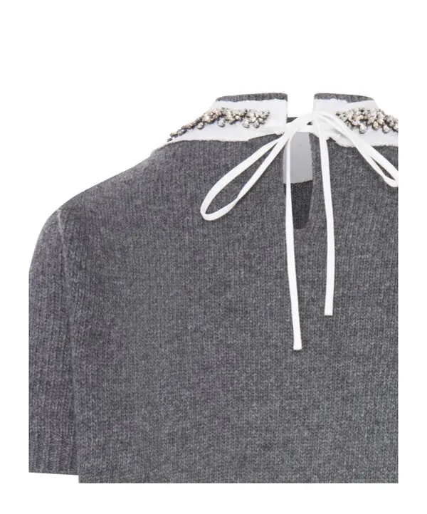 Prada Embellished Collar Short-sleeved Knitted Jumper - Slate Grey