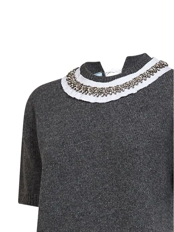 Prada Embellished Collar Short-sleeved Knitted Jumper - Slate Grey