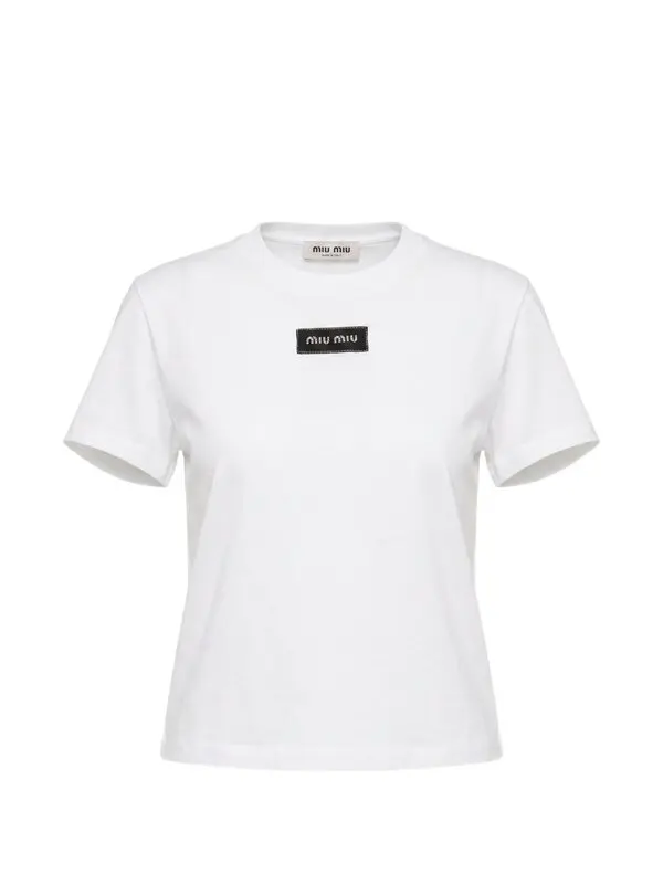 Miu Miu Cotton Jersey Logo Patch Crew Neck Short Sleeve Top - Multicolor