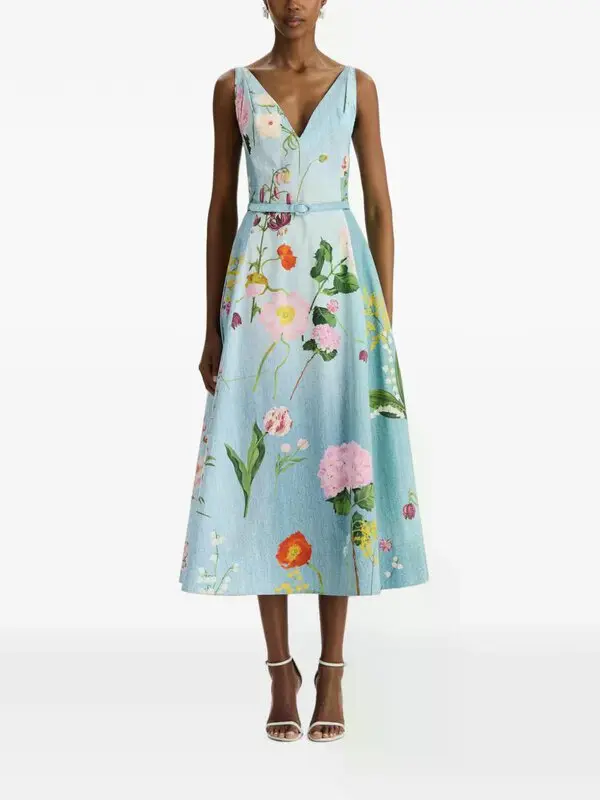 Oscar De La Renta Botanical-print Belted Midi Dress
