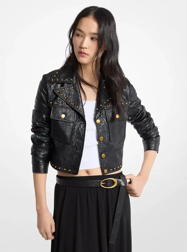 Michael Kors Crinkled Studded Cropped Jacket - Black
