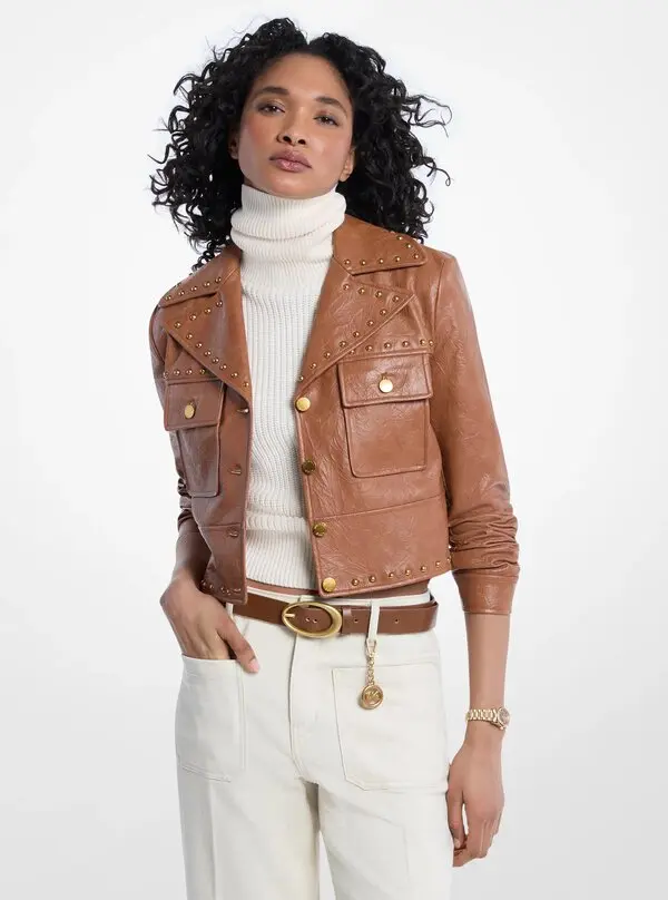 Michael Kors Crinkled Studded Cropped Jacket - Brown