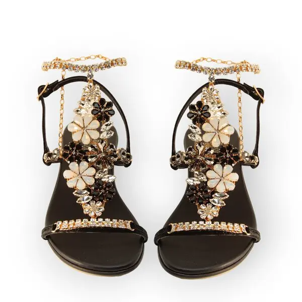DAMAPREZIOSA Gold / Black / Grey Daisy Black Crystal Sandal