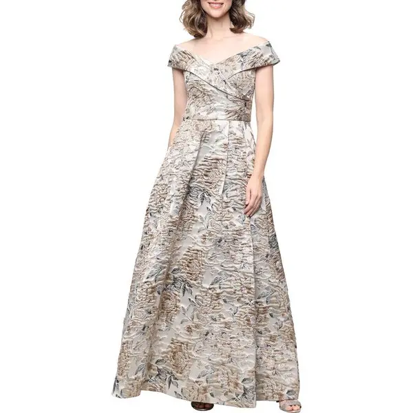 Alex Evenings Off-the-shoulder Floral Jacquard Ballgown