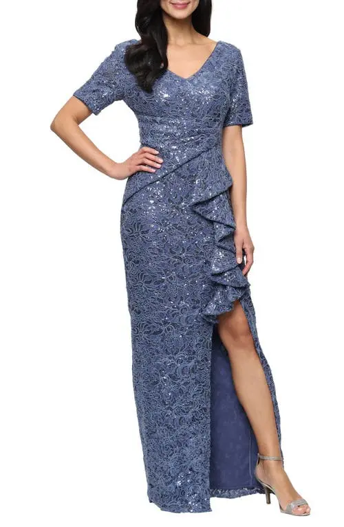 Alex Evenings Sequined Lace Gown - Wedgewood