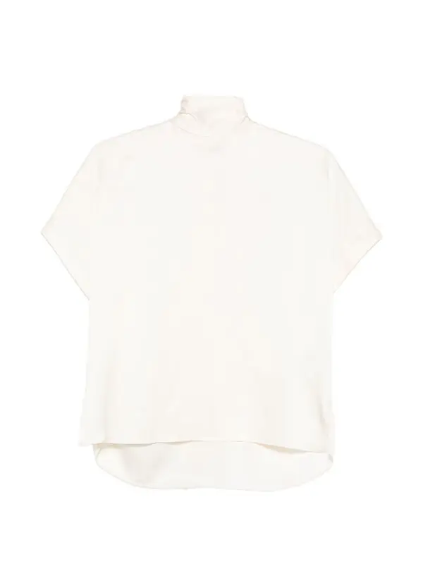 Brunello Cucinelli Silk Satin High Neck Short Sleeve Top With Rear Tie Fastening - Multicolor