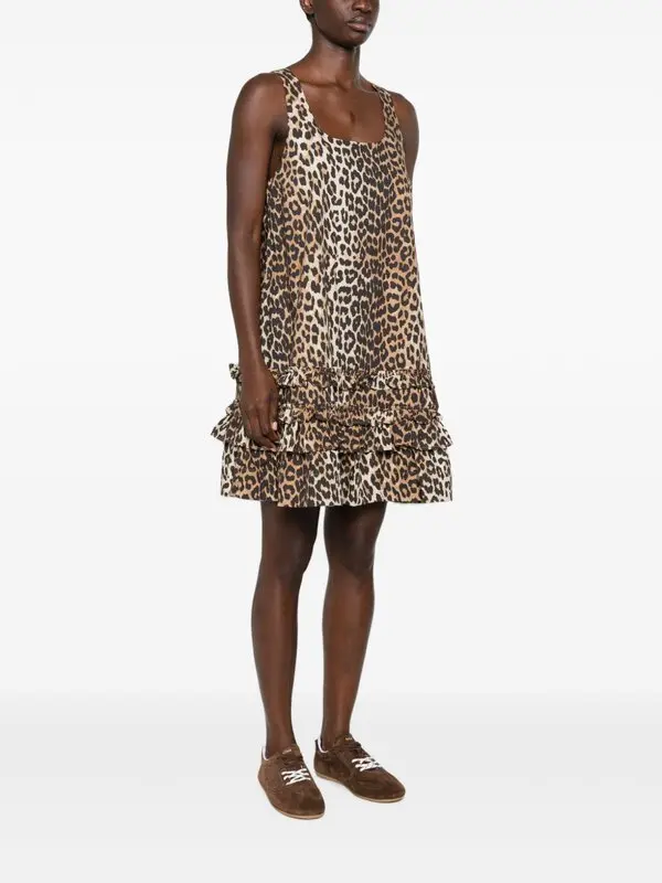 GANNI Leopard Print Ruffled Mini Dress - Multicolor