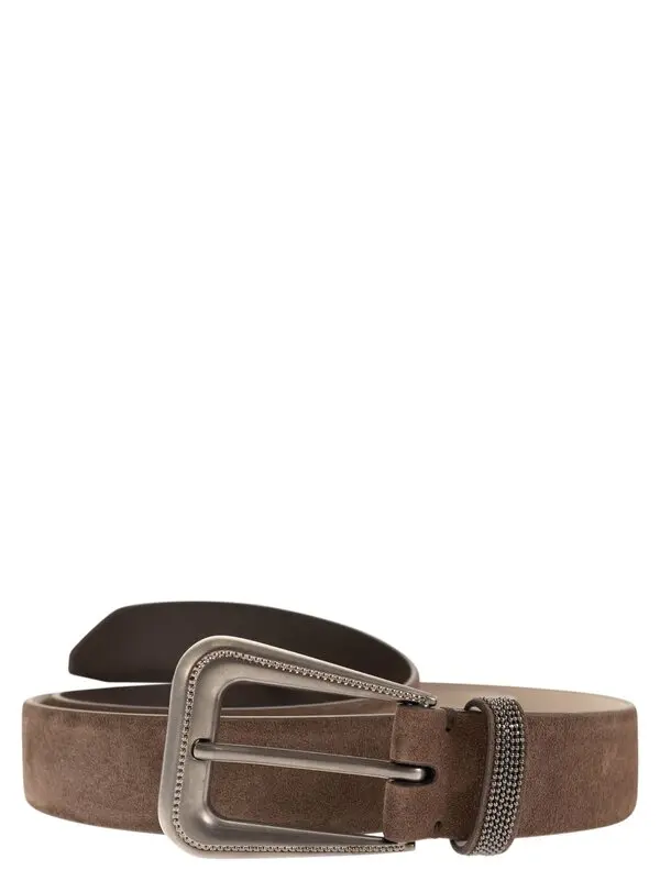 Brunello Cucinelli Suede Calfskin Belt With Embellished Buckle - Brown