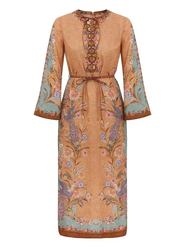Zimmermann Linen Tie-front Mini Dress With Detachable Belt And Gold-tone Hardware - Beige