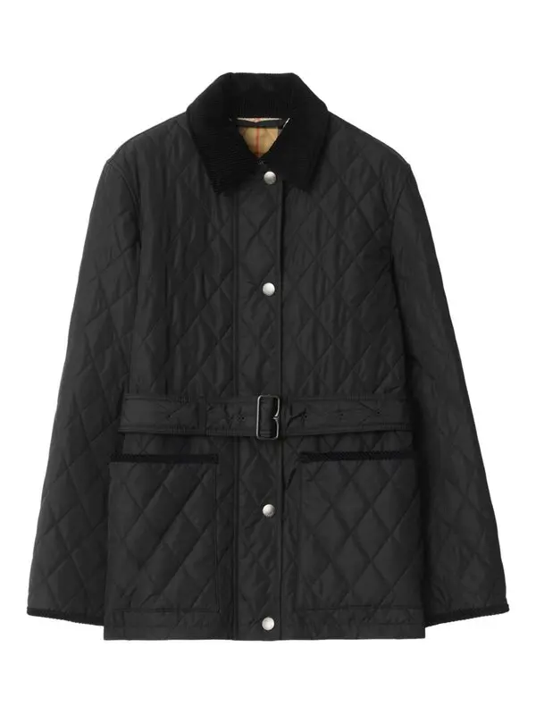 Burberry Quilted Jacket With Contrasting Collar And Buckle Belt - Black