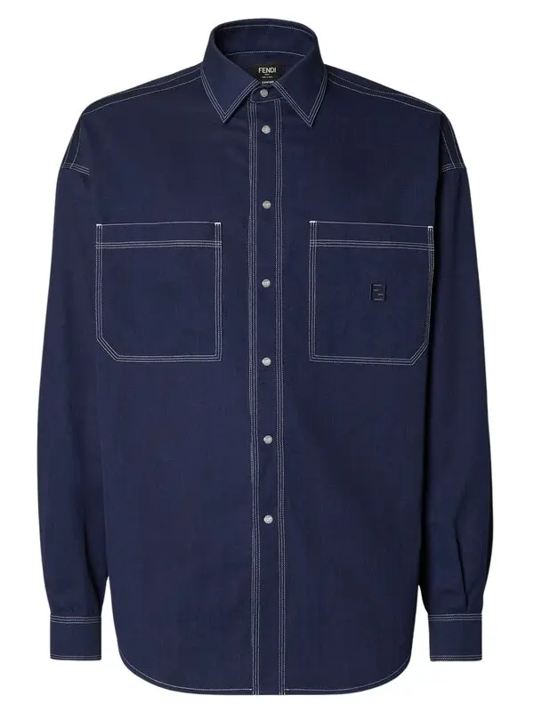 Fendi Cotton Shirt With Patch Pockets And Logo Snap-button Placket - Navy