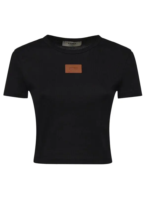 Fendi Cotton Crewneck Logo Top - Black