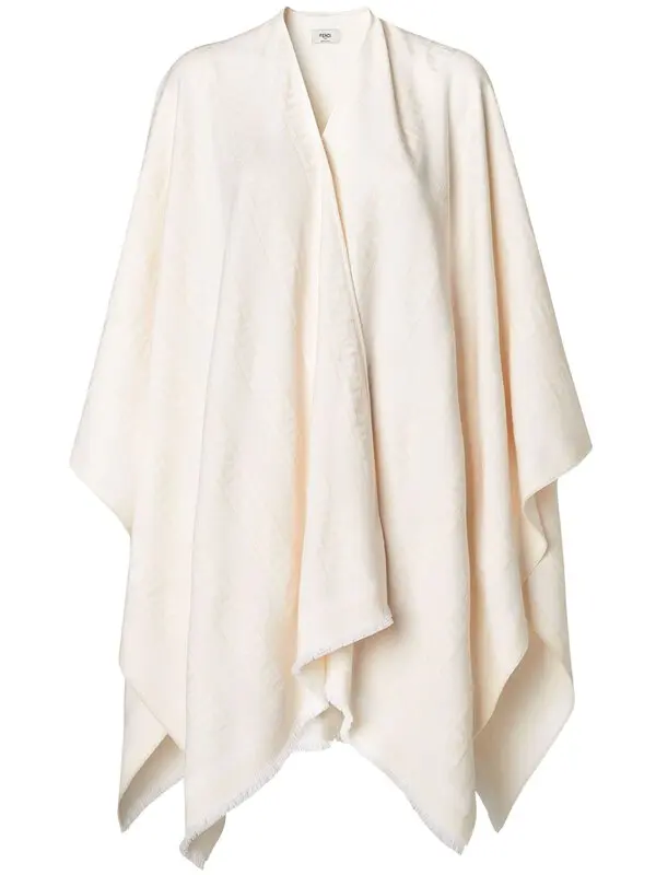 Fendi Ff Jacquard Fringe Poncho In Wool And Silk Blend - White