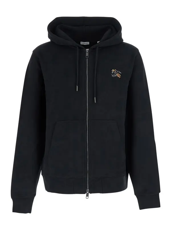 Burberry Check Logo Zip-up Cotton Hoodie - Black
