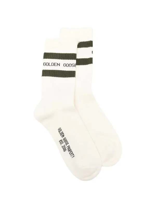 GOLDEN GOOSE Ribbed Cotton Logo Stripe Socks - White