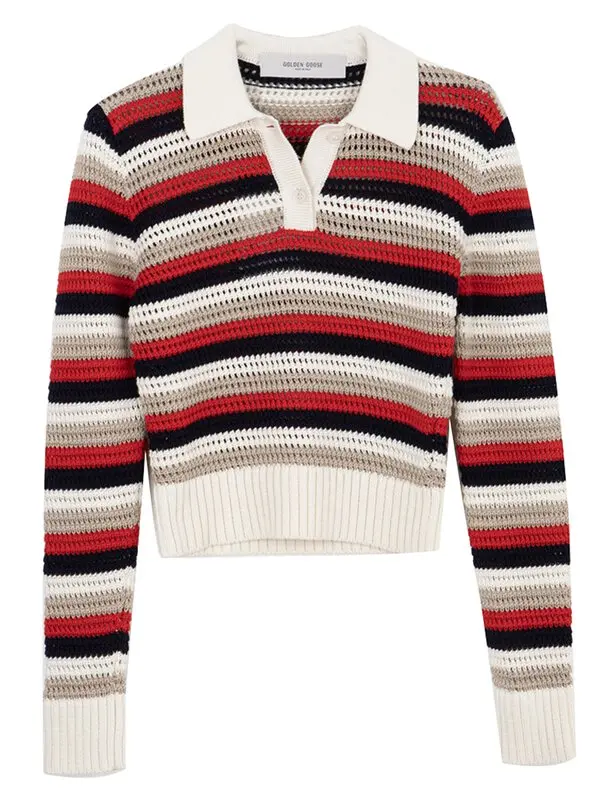 GOLDEN GOOSE Cropped Striped Cotton Knit Polo Shirt - Multicolor