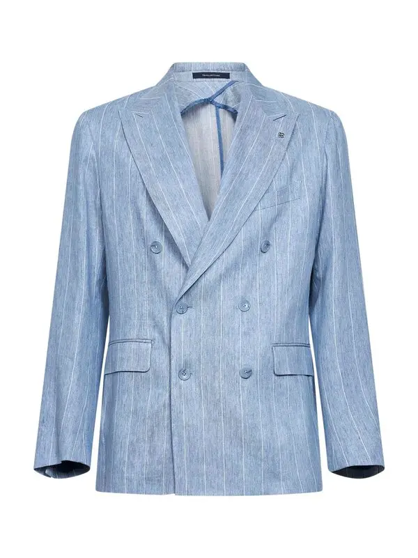 Tagliatore Light Blue Pinstriped Linen Blend New York Double-breasted Blazer - Multicolor