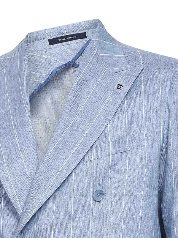 Tagliatore Light Blue Pinstriped Linen Blend New York Double-breasted Blazer - Multicolor