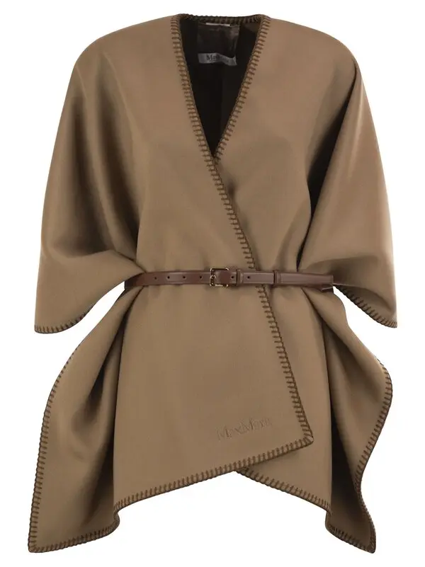Max Mara Virgin Wool Cape With Leather Belt - Brown
