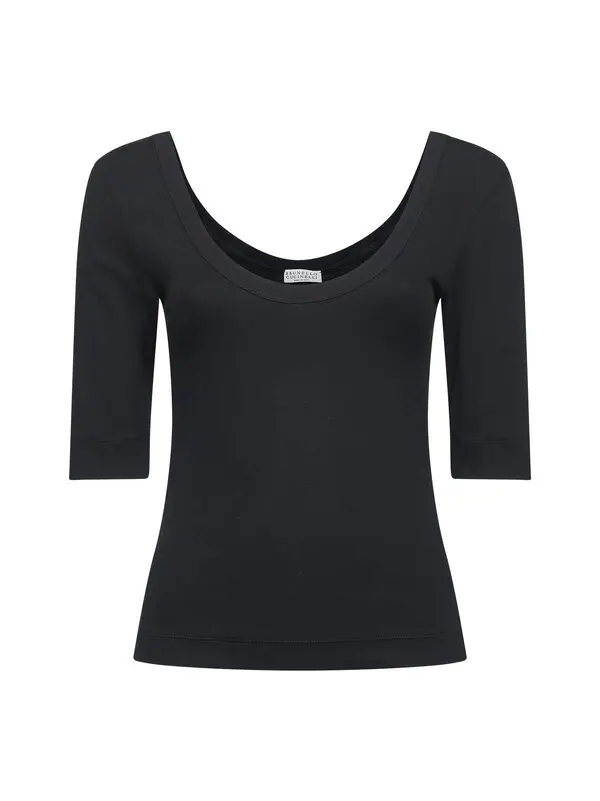 Brunello Cucinelli Black Ribbed Stretch Jersey Monili T-shirt - Multicolor
