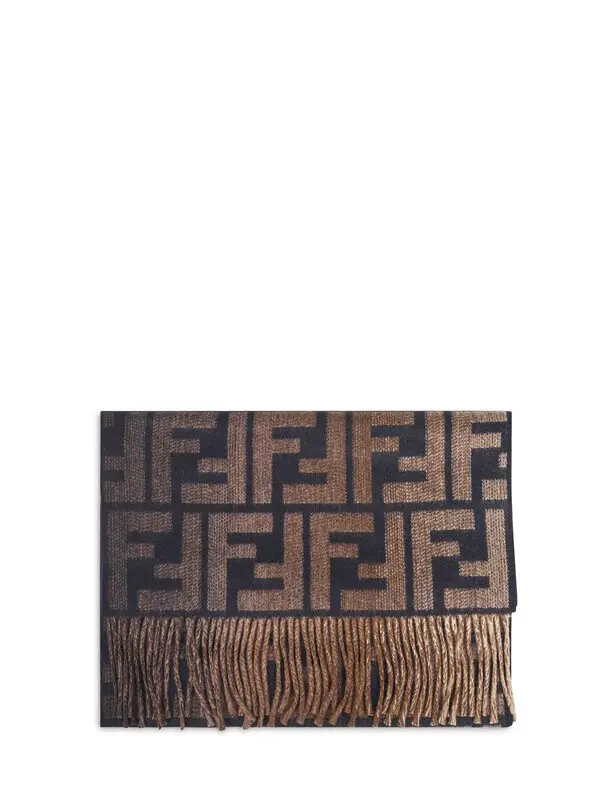 Fendi Silk Blue And Brown Wool And Cashmere Ff Scarf - Multicolor