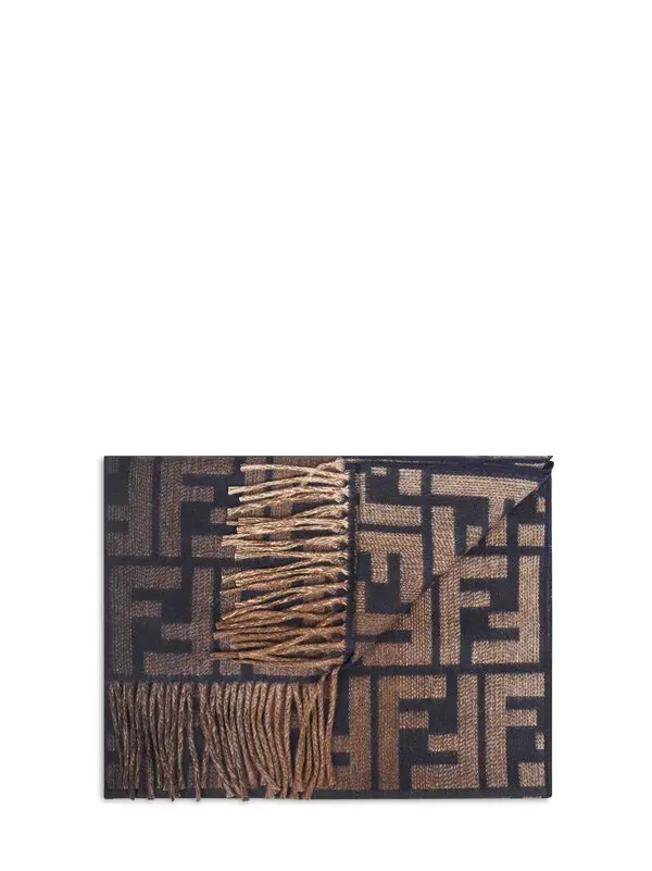 Fendi Silk Blue And Brown Wool And Cashmere Ff Scarf - Multicolor