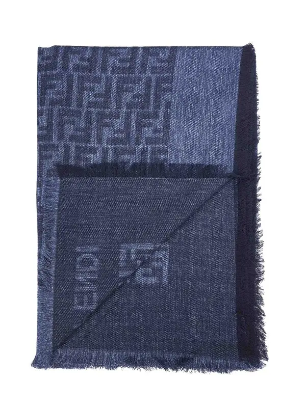 Fendi Silk Denim Blue Cotton And Wool Ff Shawl