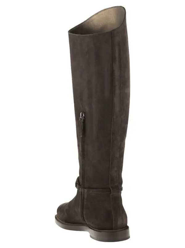 Brunello Cucinelli Suede Leather Knee-high Boots With Monili Detail - Brown