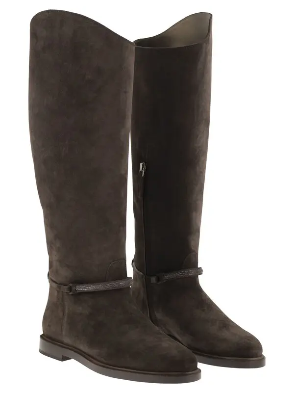 Brunello Cucinelli Suede Leather Knee-high Boots With Monili Detail - Brown