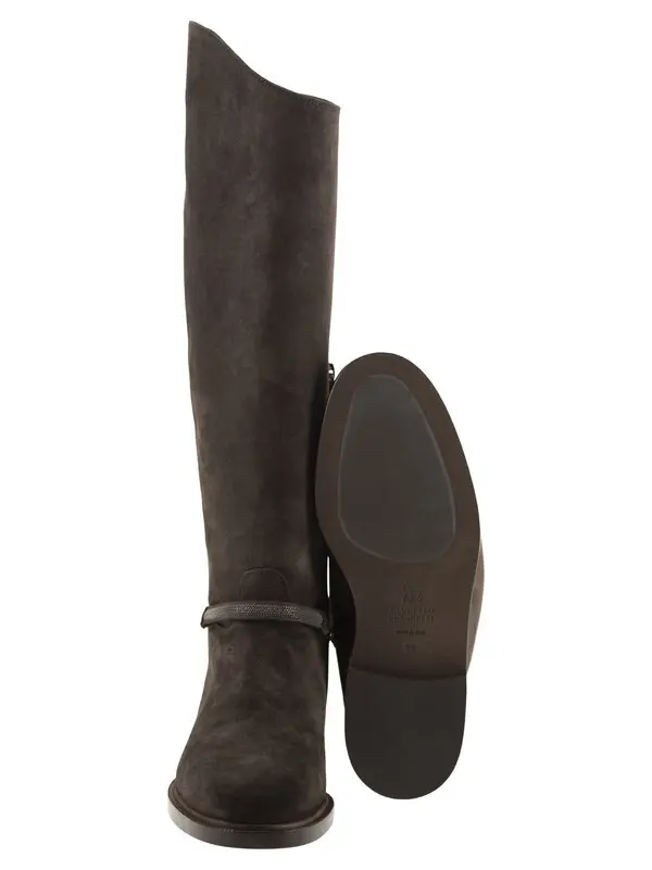 Brunello Cucinelli Suede Leather Knee-high Boots With Monili Detail - Brown