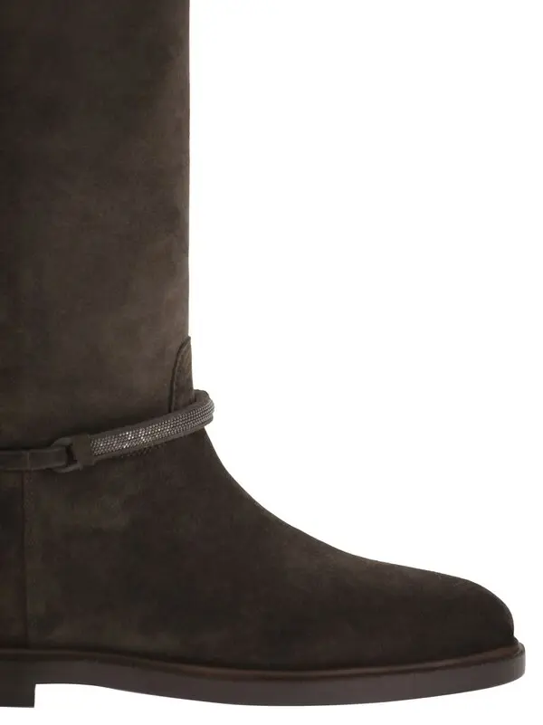Brunello Cucinelli Suede Leather Knee-high Boots With Monili Detail - Brown